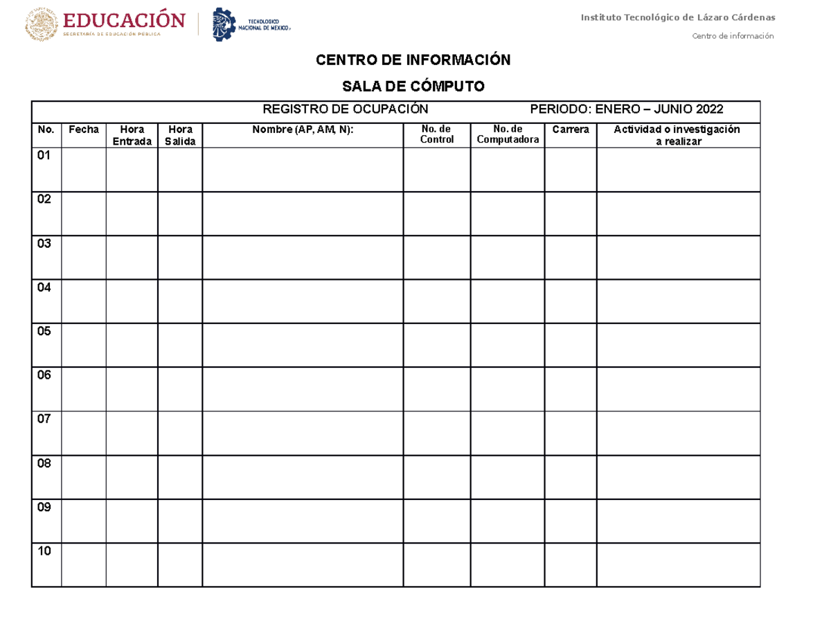 Propuesta DE Registro sala de computo - CENTRO DE INFORMACIÓN SALA DE ...