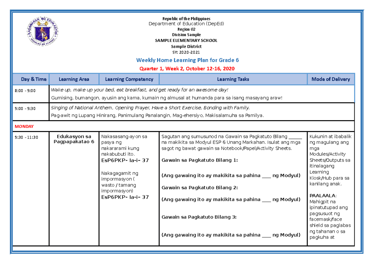 Grade 6 ALL Subjects WHLP Q1 W2 - Weekly Home Learning Plan for Grade 6 ...