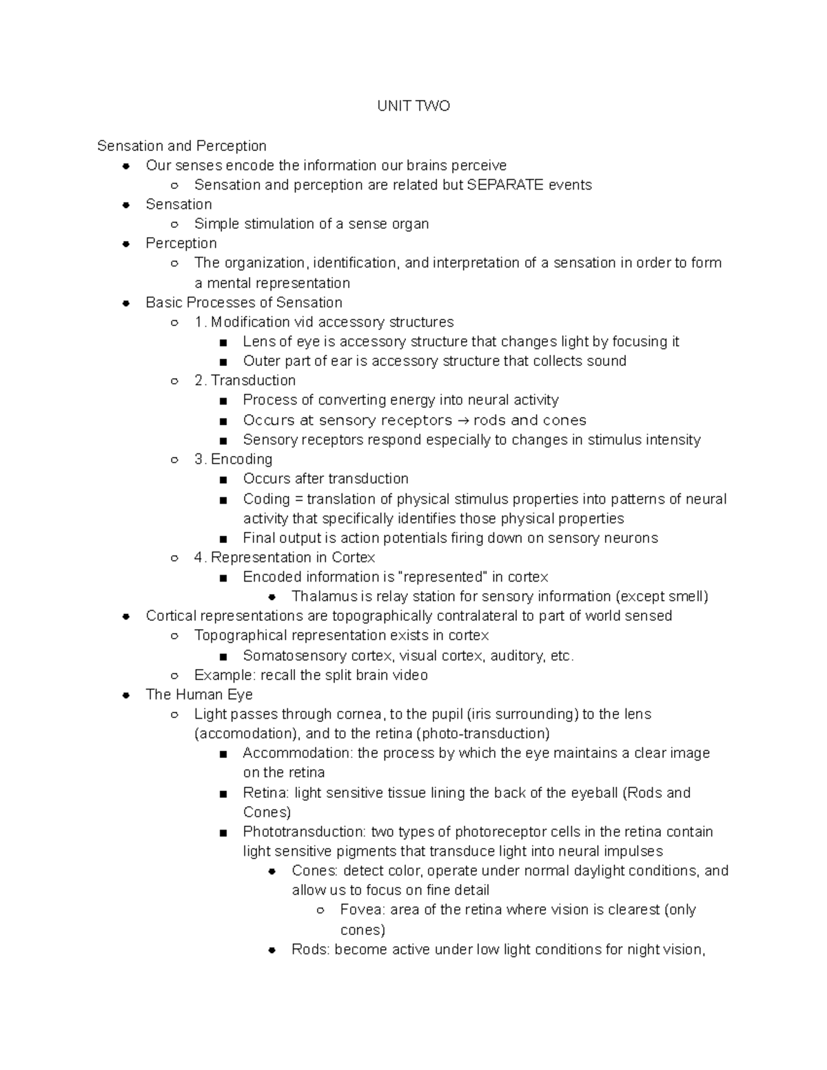 Psych 2 outline - UNIT TWO Sensation and Perception Our senses encode ...