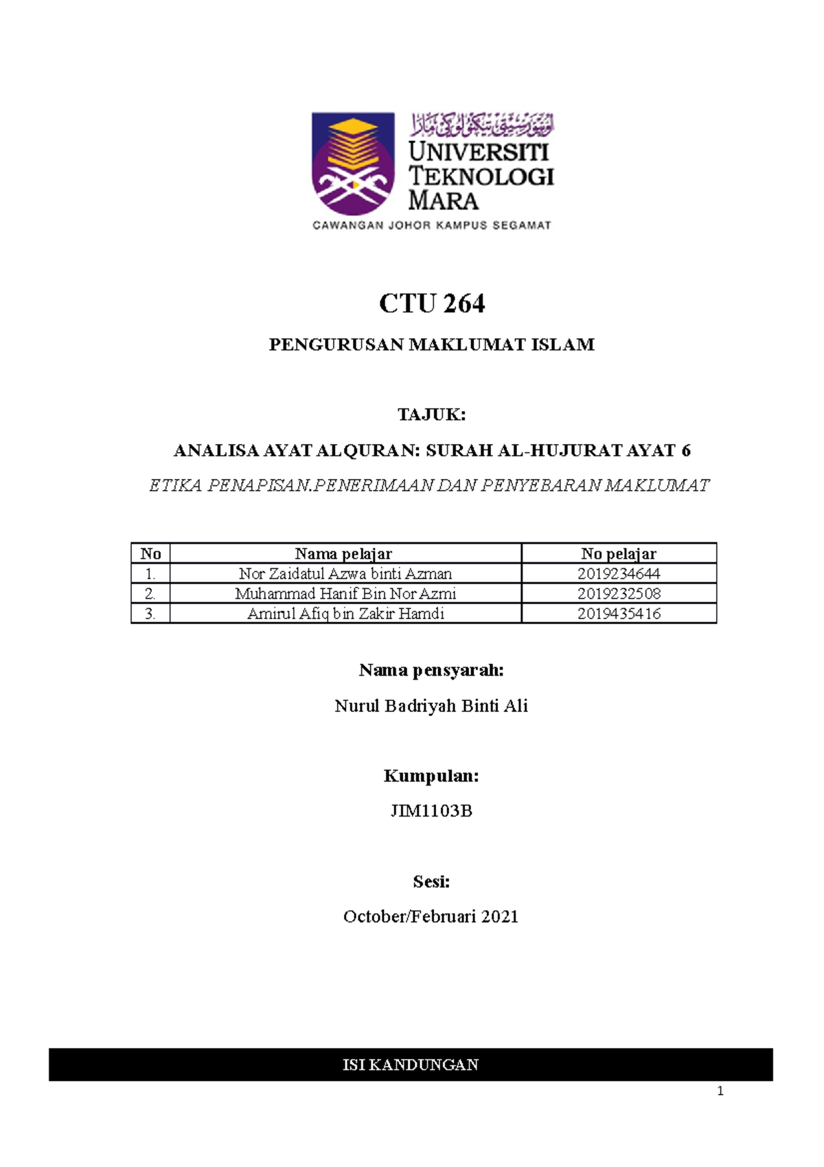 CTU 264 Analisis AYAT - CTU 264 PENGURUSAN MAKLUMAT ISLAM TAJUK ...