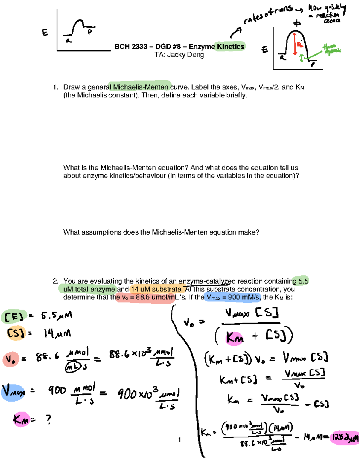 DGD 8 - Enzyme Kinetics (solutions).pdf - 1 BCH 2333 – DGD #8 – Enzyme Kinetics TA: Jacky Deng ...