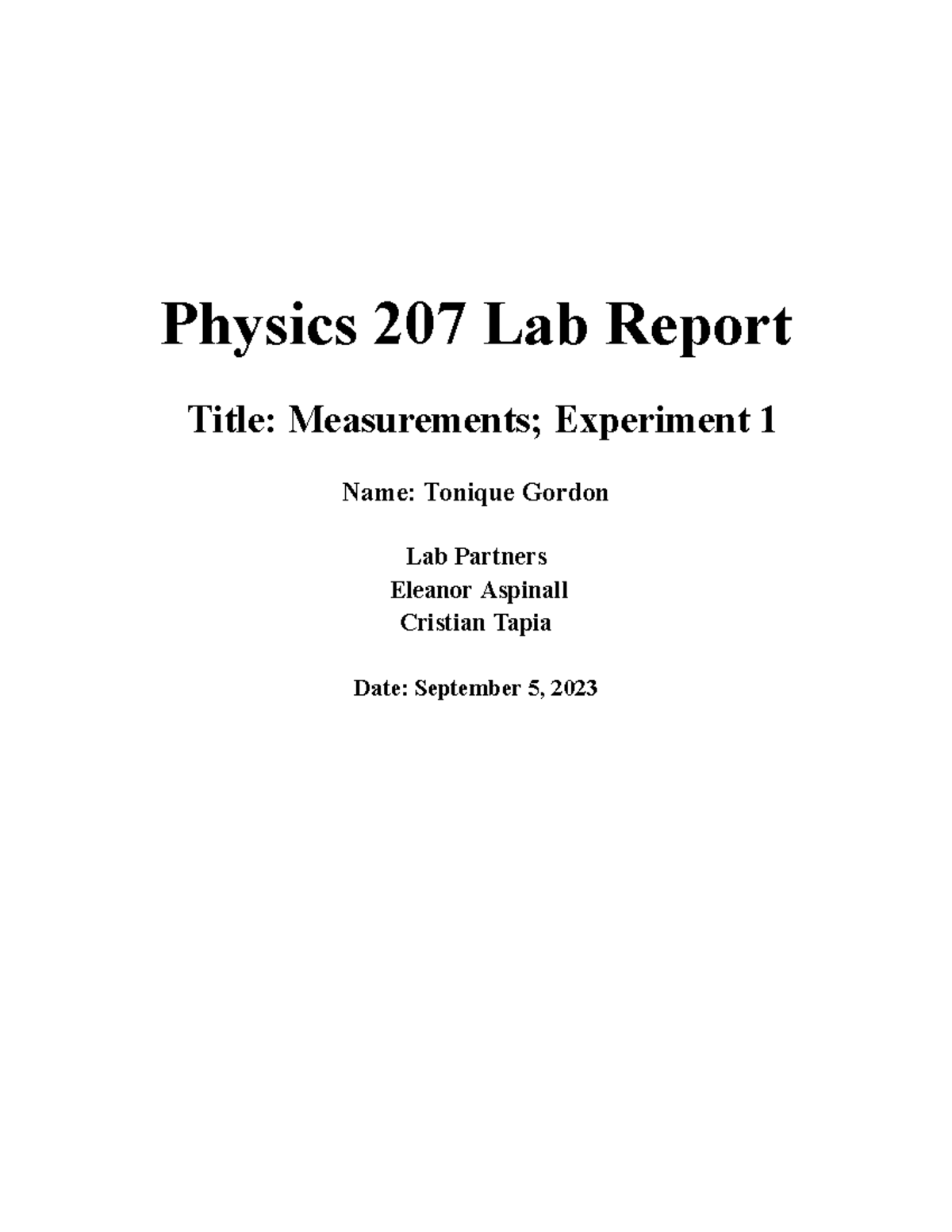 Physics 207 Lab Report - Physics 207 Lab Report Title: Measurements ...