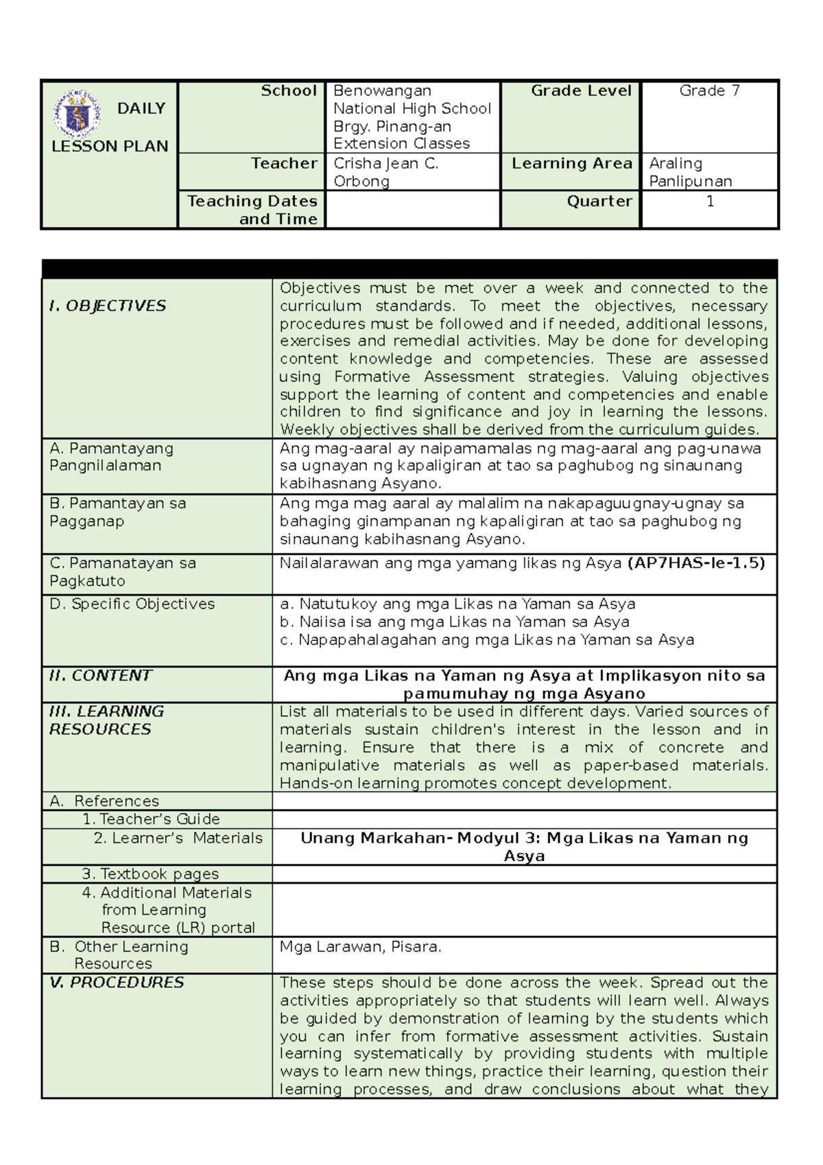 Daily Lesson PLAN week 2 in AP - DAILY LESSON PLAN School Benowangan ...