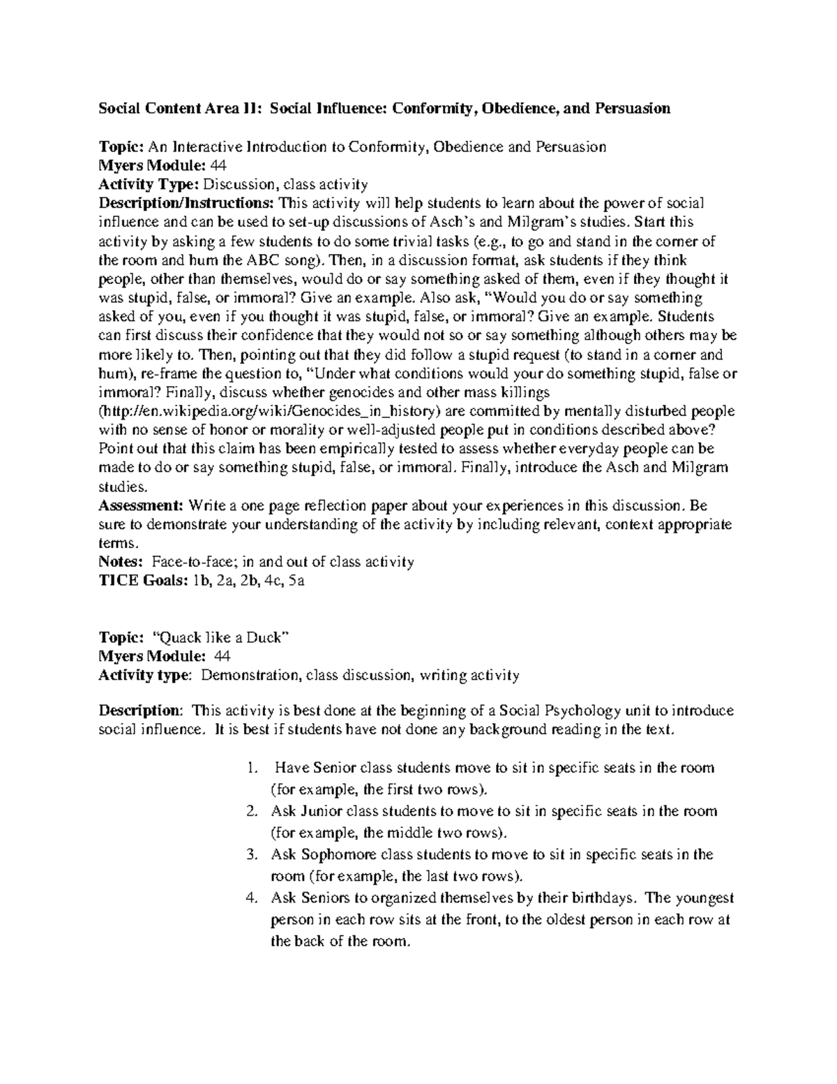 Social Influence Conformity, Obedience, and Persuasion Activities ...