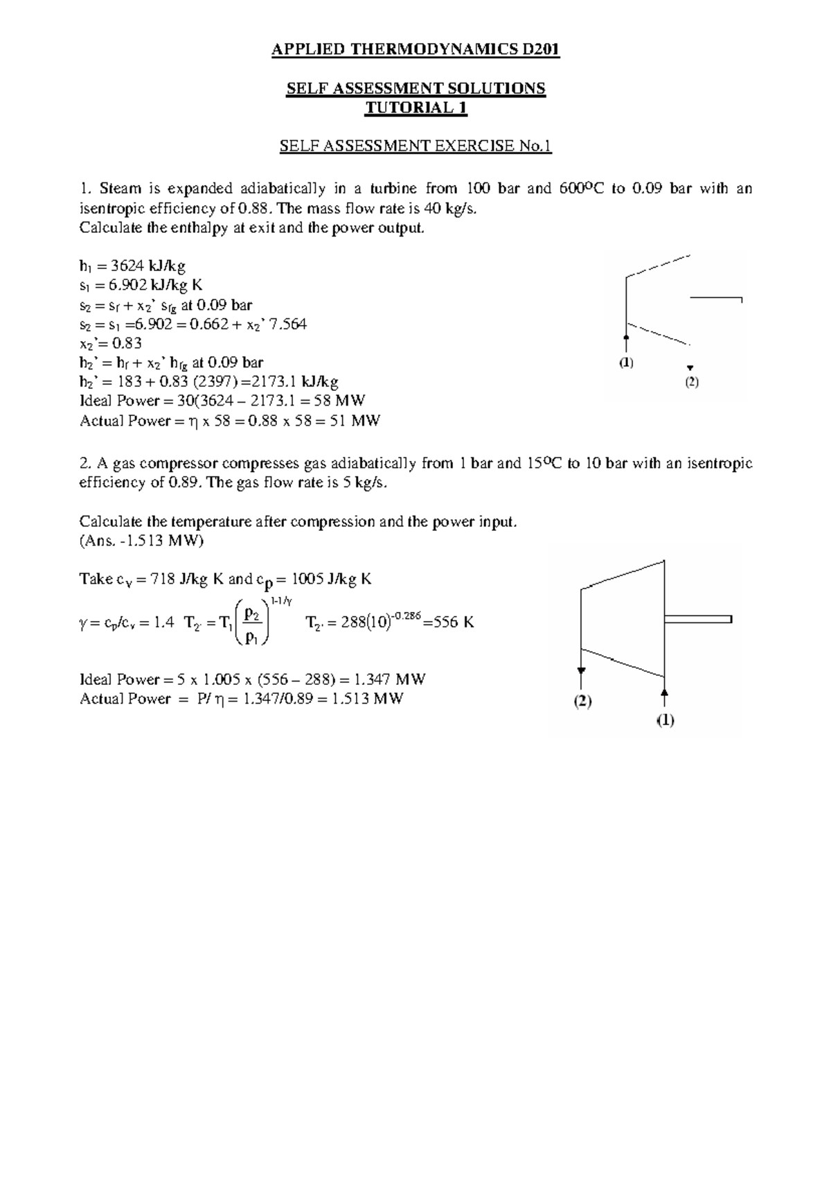 Thermodynamics D201 reseni - APPLIED THERMODYNAMICS D SELF ASSESSMENT ...