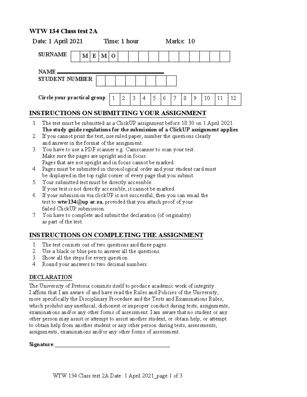 Class test 2 2021 questions and Memorandum - WTW 134 Class test 2A Date ...