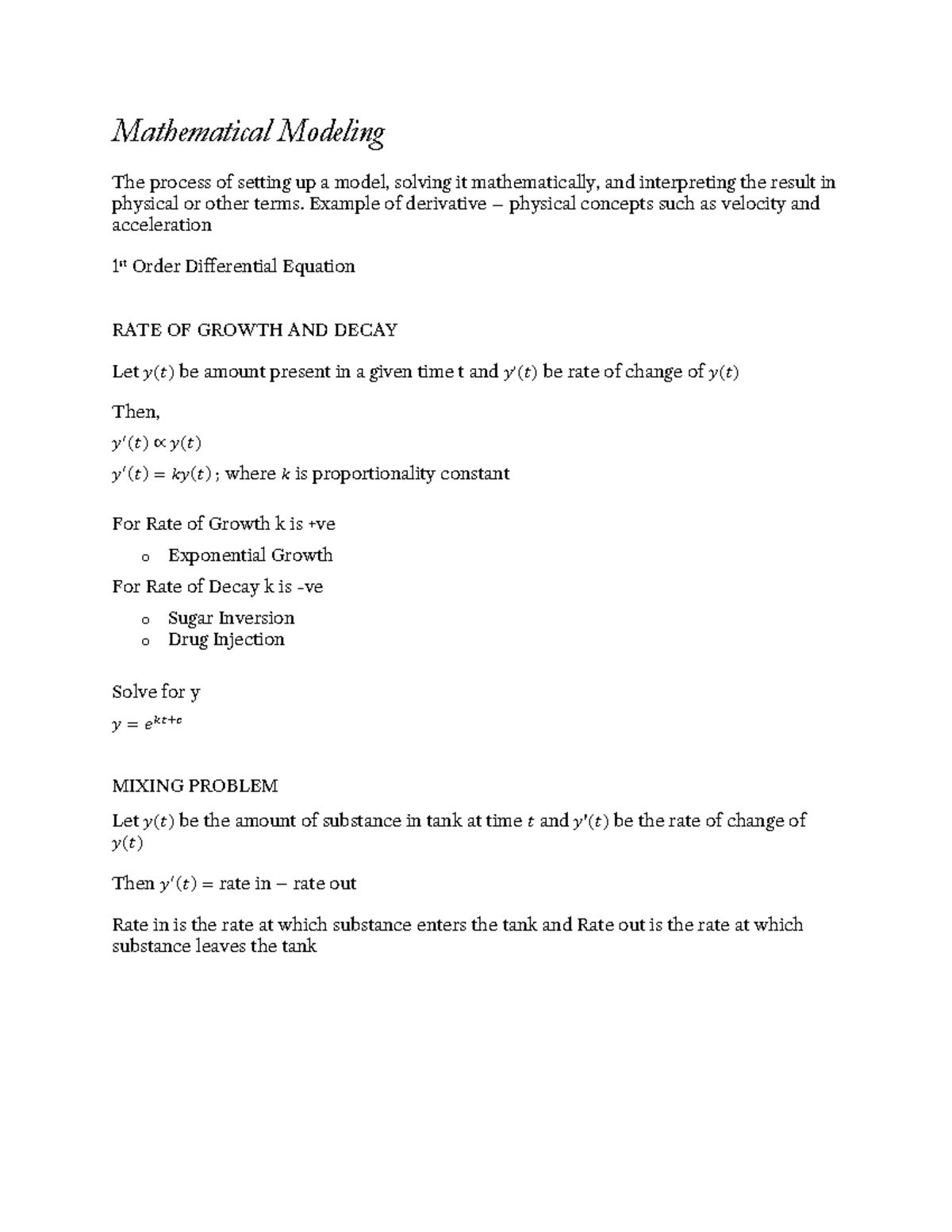 Mathematical Modeling - Example of derivative – physical concepts such ...