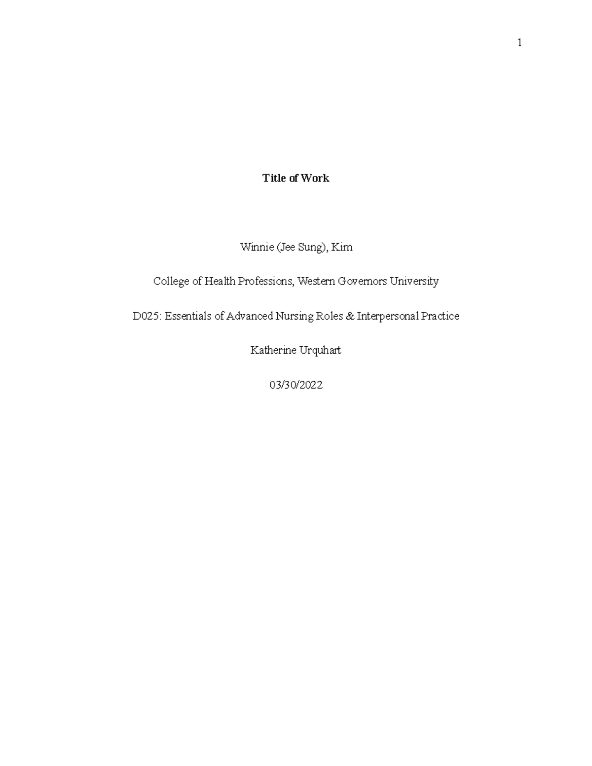 AWM2 Paper - Title of Work Winnie (Jee Sung), Kim College of Health ...