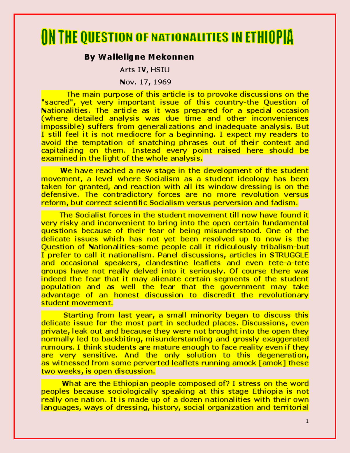 Nationalities - This is the classic essay of Walelign Mekonen - By ...