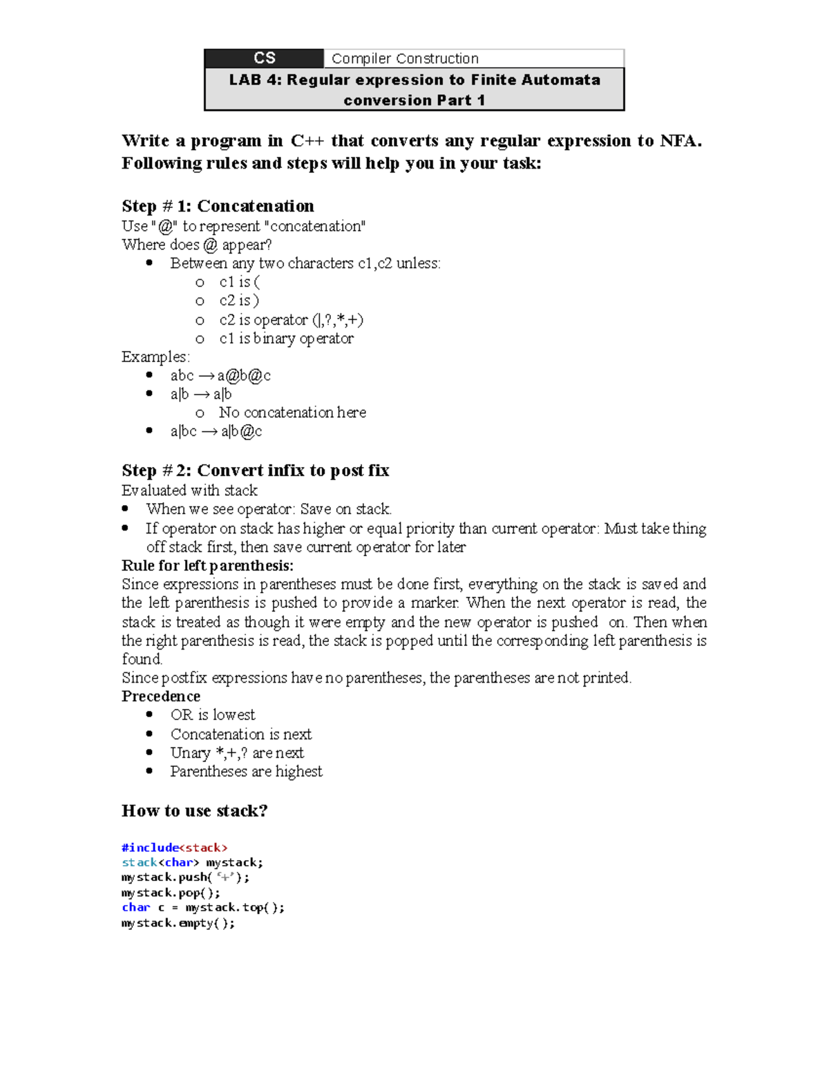 Lab 4 - Compiler Construction lab manuals - CS Compiler Construction LAB 4: Regular expression ...