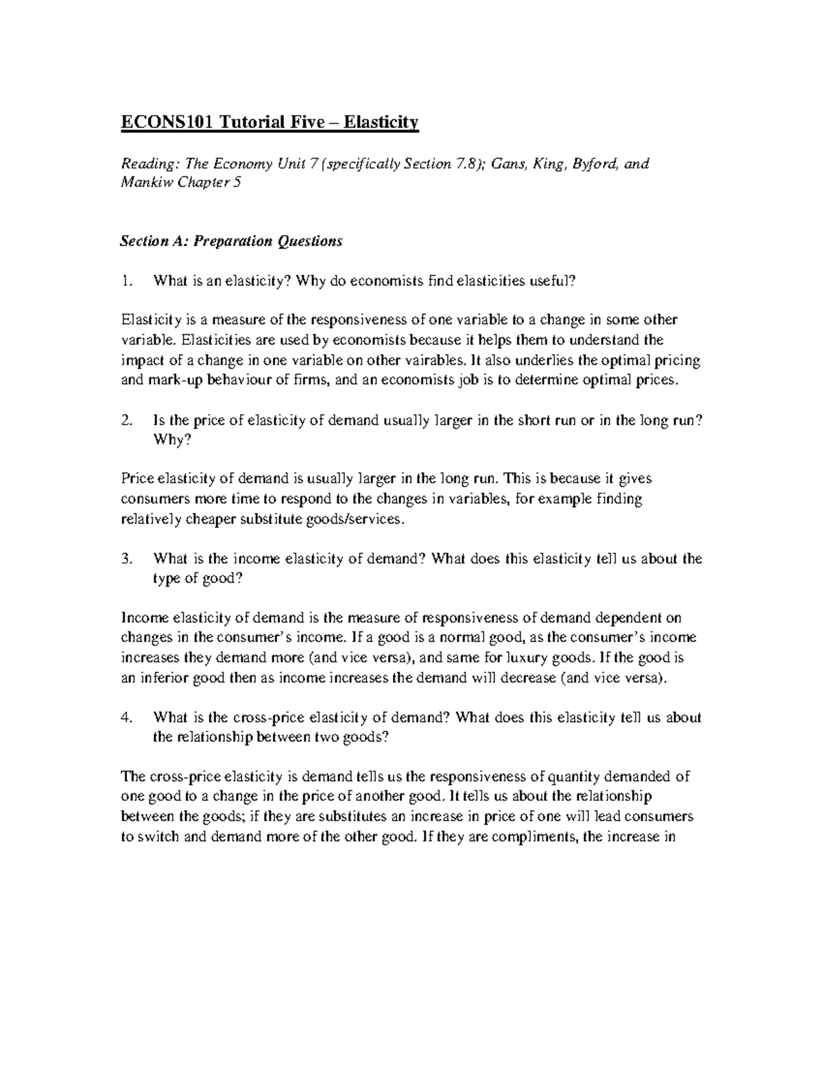 ECONS101 Tutorial 5 - Elasticity - ECONS101 Tutorial Five – Elasticity ...