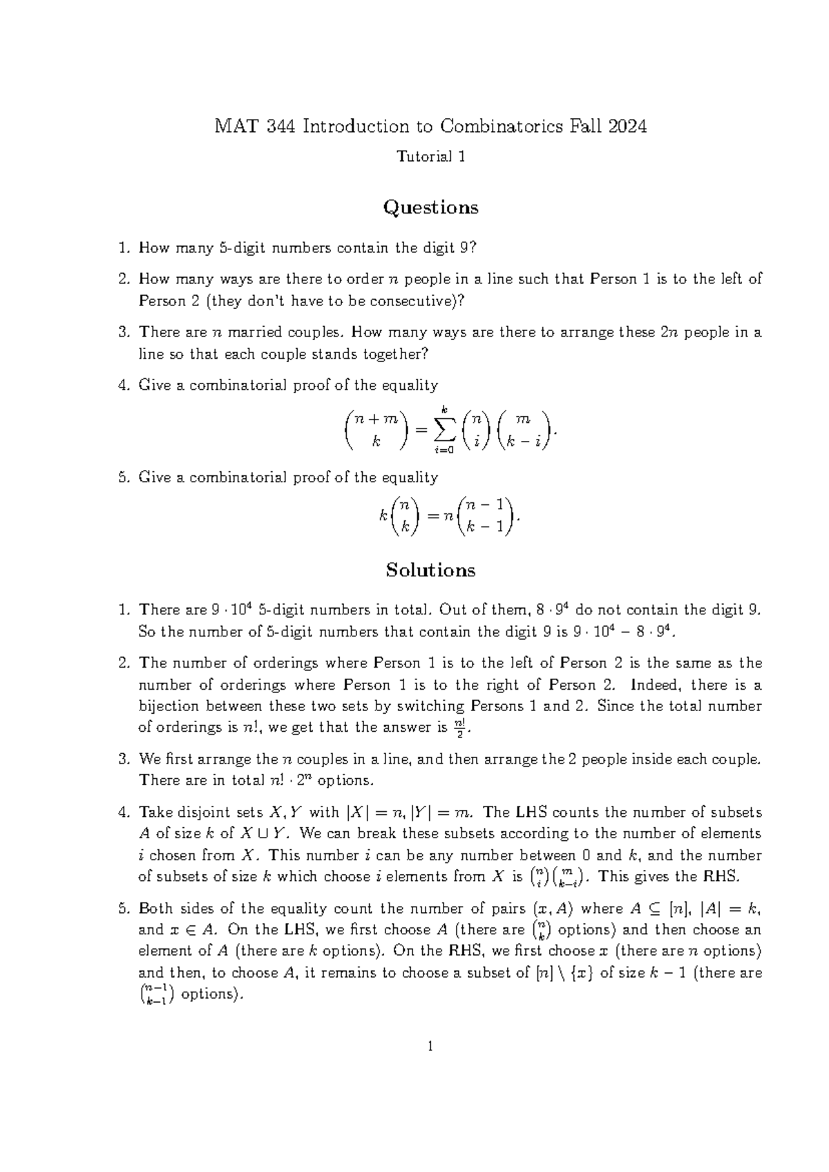 Tutorial 1 With Solutions Mat 344 Introduction To Combinatorics Fall 2024 Tutorial 1 Questions
