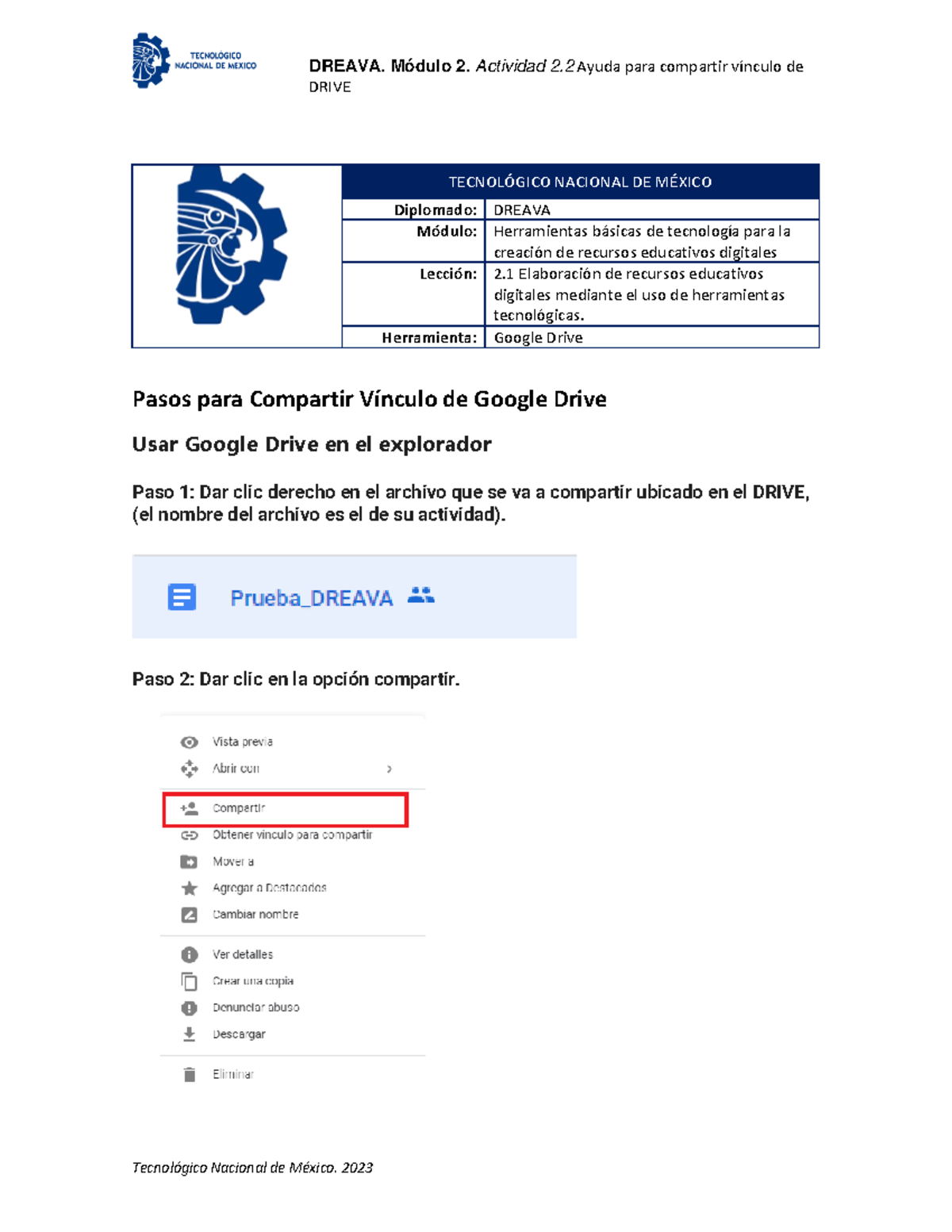 Guía compartir vínculo google-drive - DREAVA. Módulo 2. Actividad 2 Ayuda para compartir vÌnculo ...