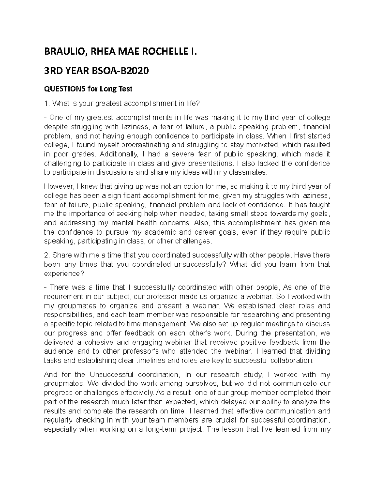 essay example answer - BRAULIO, RHEA MAE ROCHELLE I. 3RD YEAR BSOA-B ...