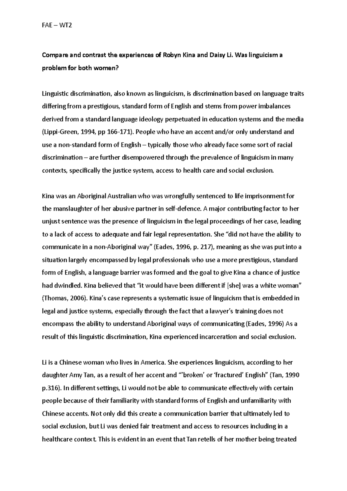 FAE - Writing Task 2 - FAE – WT Compare and contrast the experiences of ...