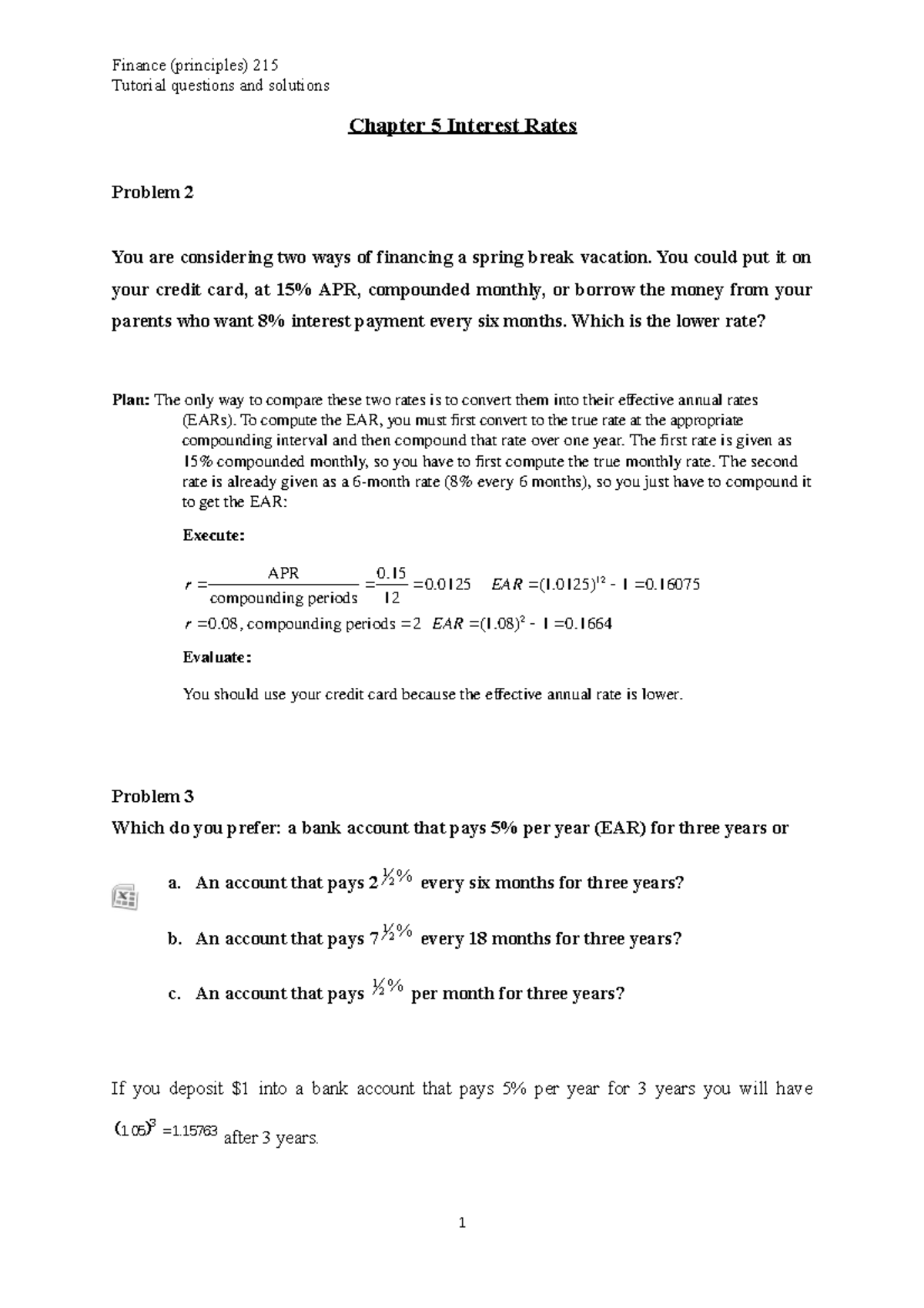 Finance (Principles): Tutorial 3, Question & Solutions or Chapter 5 ...