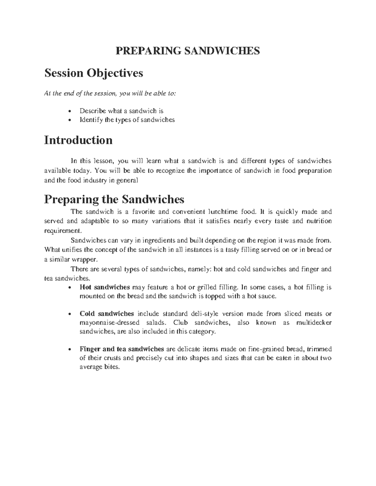 Prepare Sandwiches- knoelwdge in demonstrating sandwiches - PREPARING ...