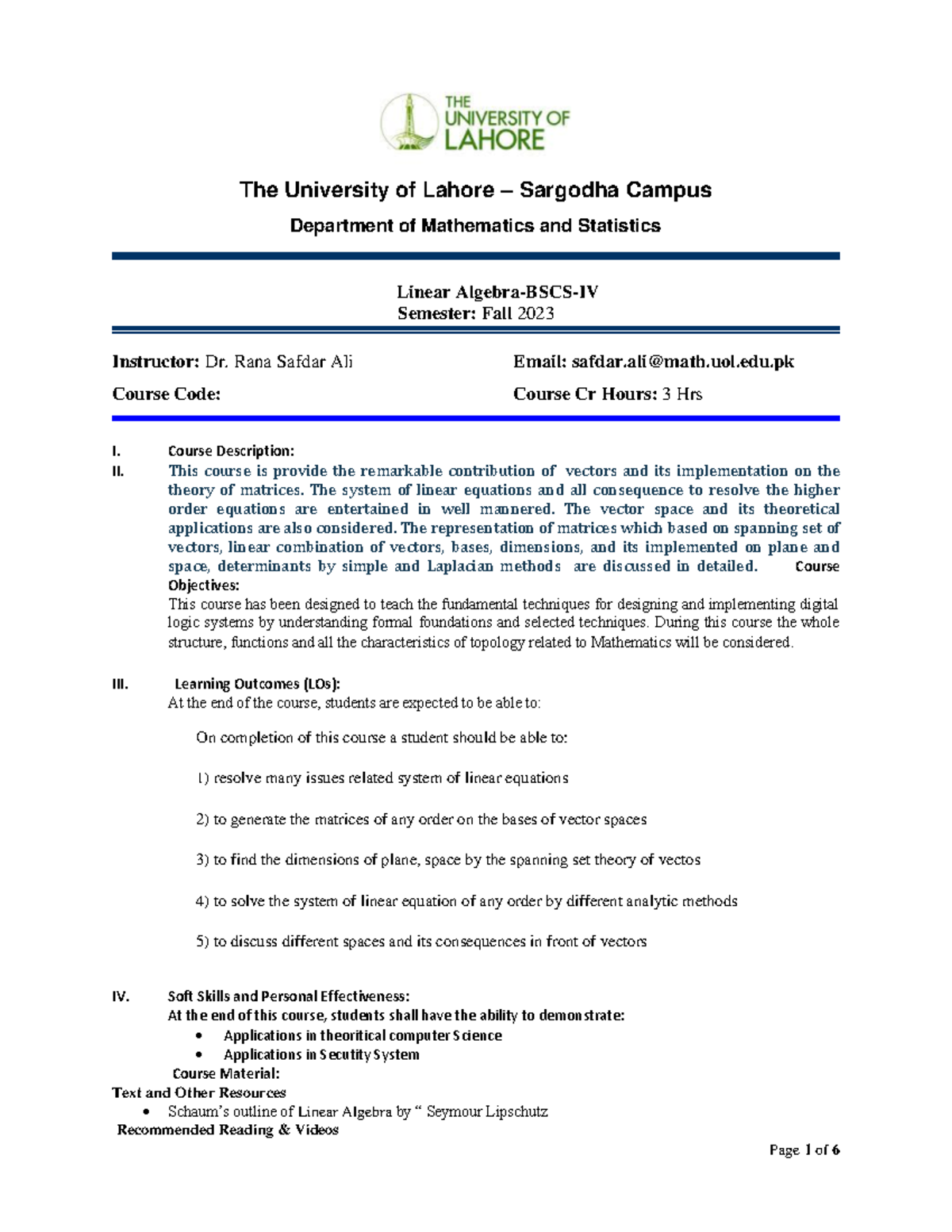 BSCS-IV-Content - The University of Lahore – Sargodha Campus Department of Mathematics and - Studocu