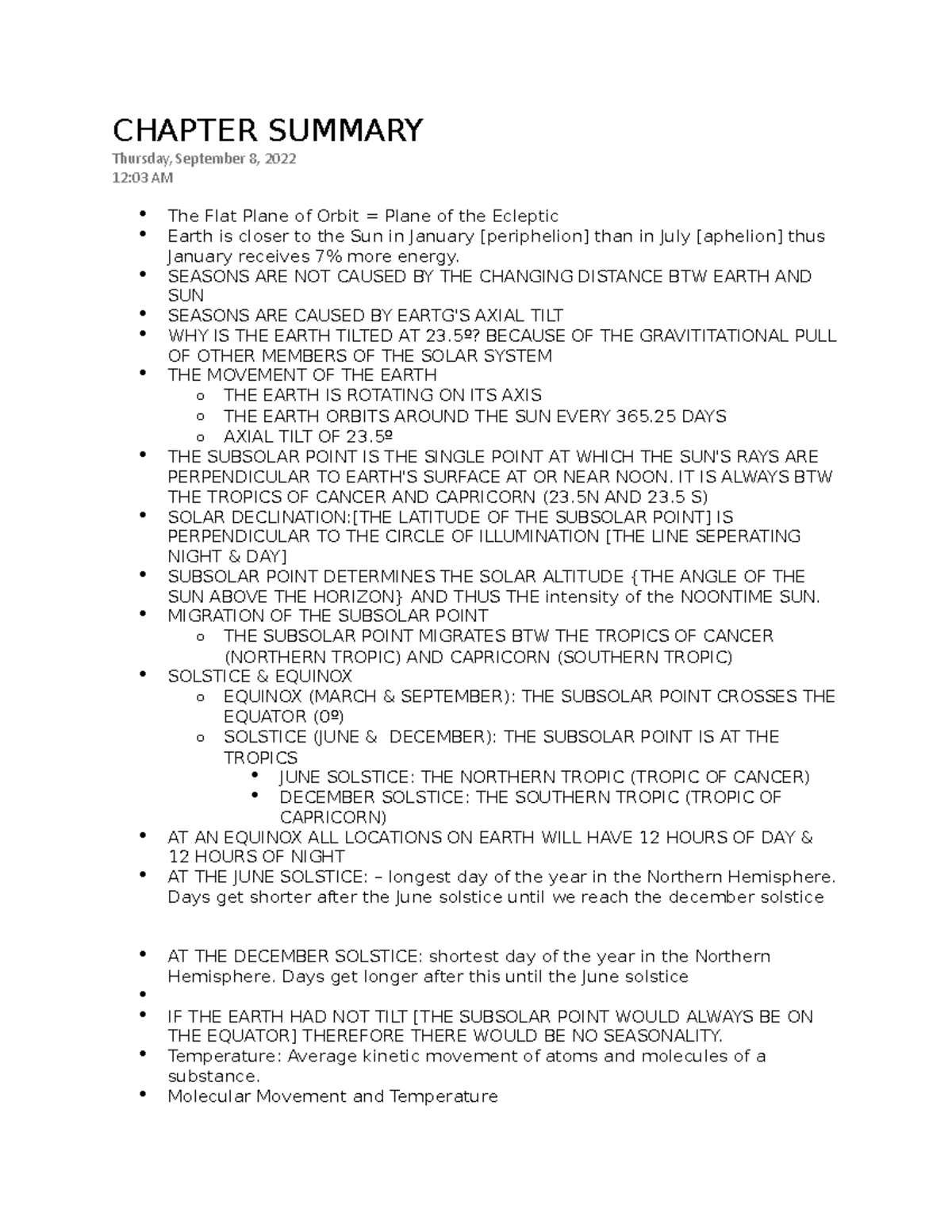 Chapter 3; Solar Energy AND Seasons - CHAPTER SUMMARY Thursday ...