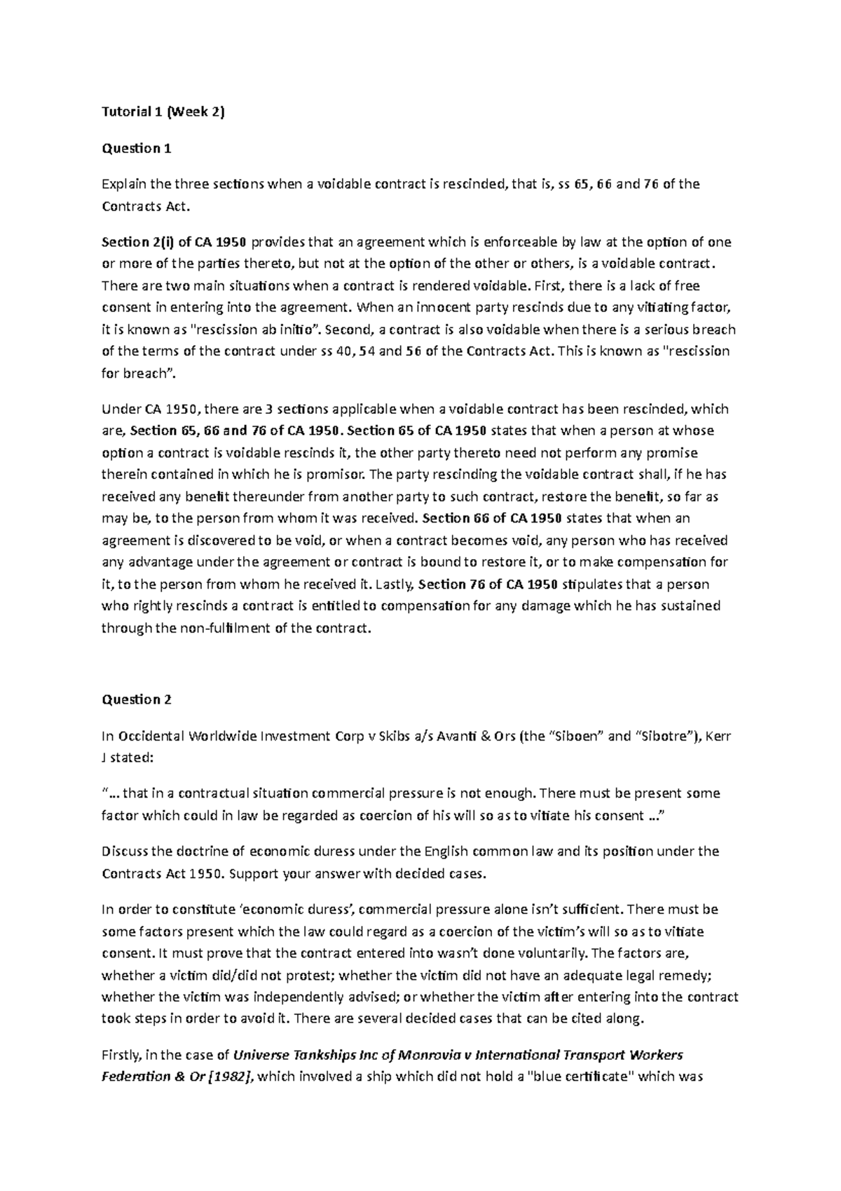 355613 Tutorial 1 - Tutorial 1 (Week 2) Question 1 Explain the three sections when a voidable ...
