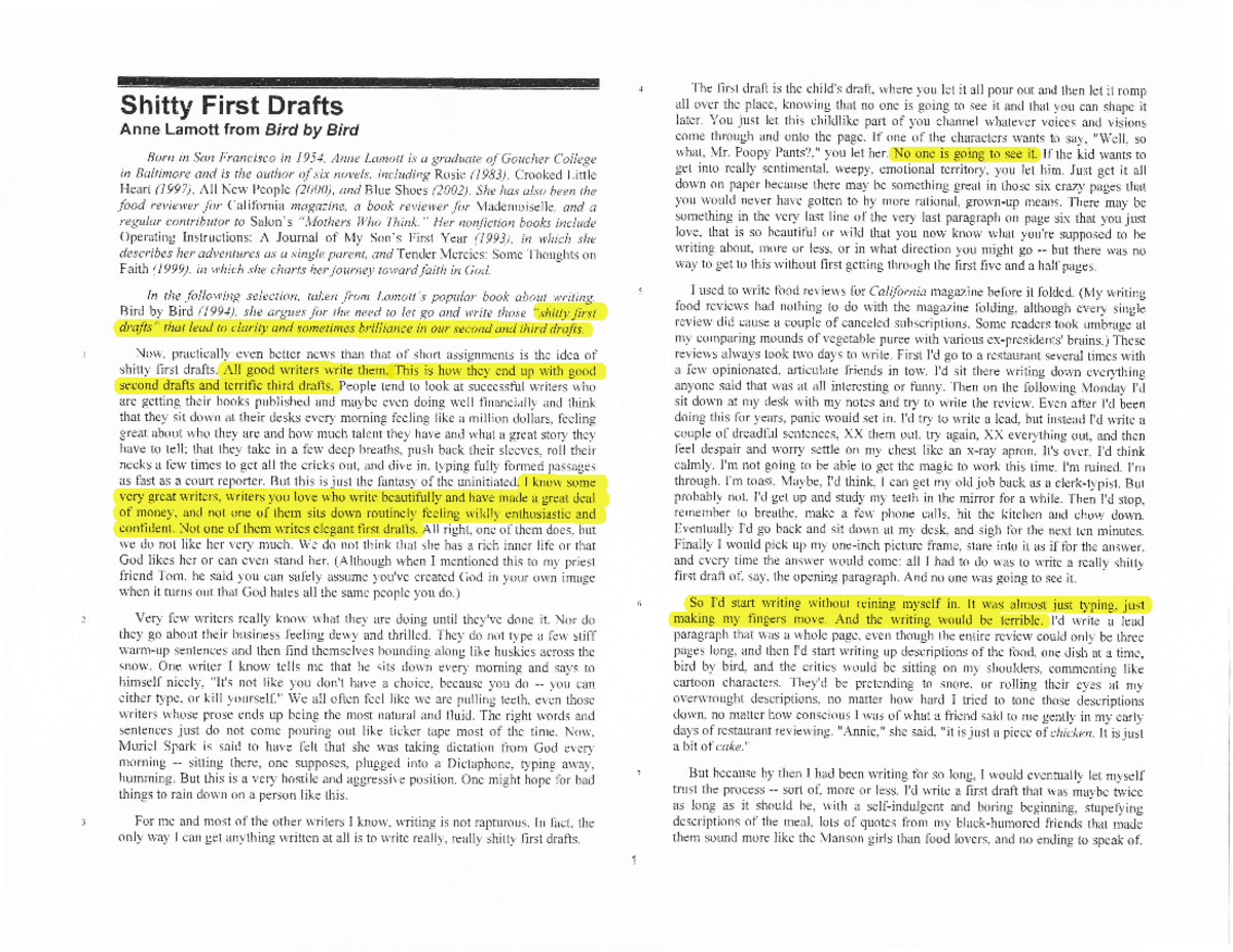 Anne Lamont, Shitty First Drafts - Shitty First Drafts Anne Lamott trom Bird by Bird Born in San ...