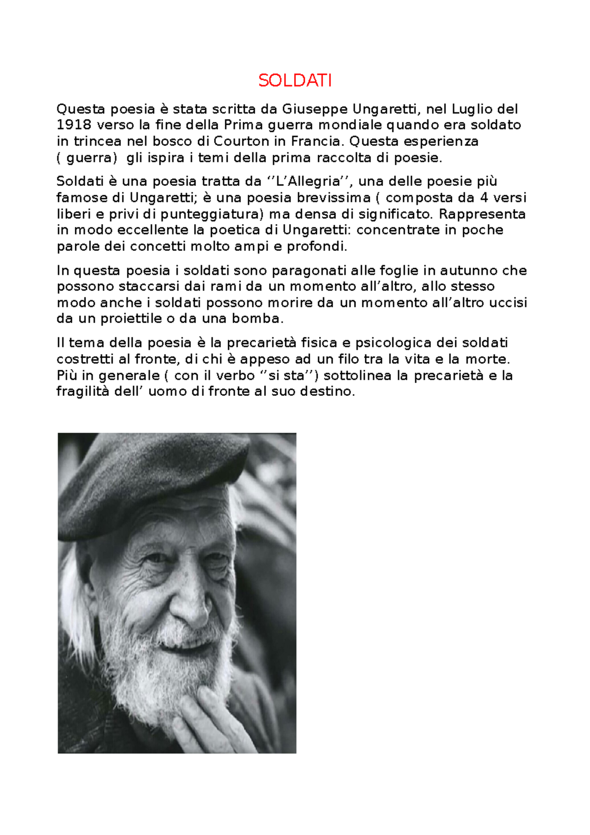 Giuseppe Ungaretti - riassunti - SOLDATI Questa poesia è stata scritta ...