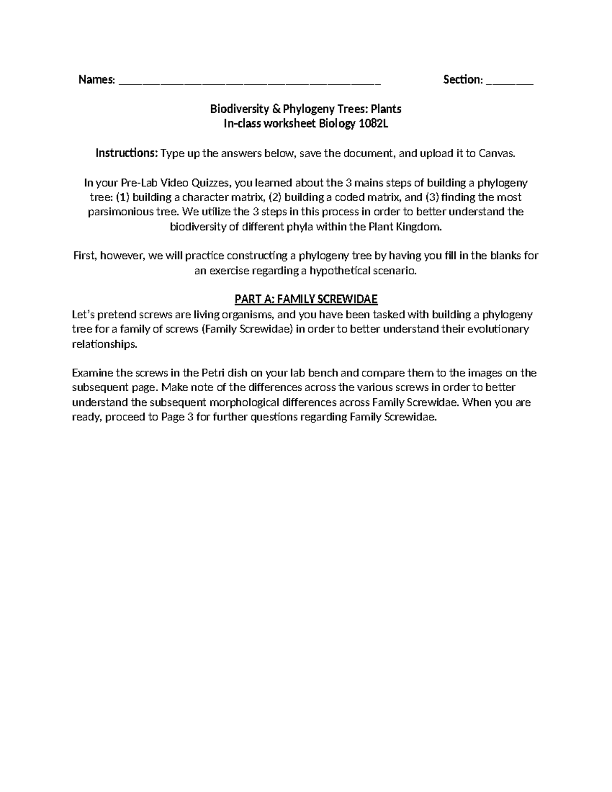 In Class Worksheet - Biodiversity Plants - Week 1 - updated SS24 ...