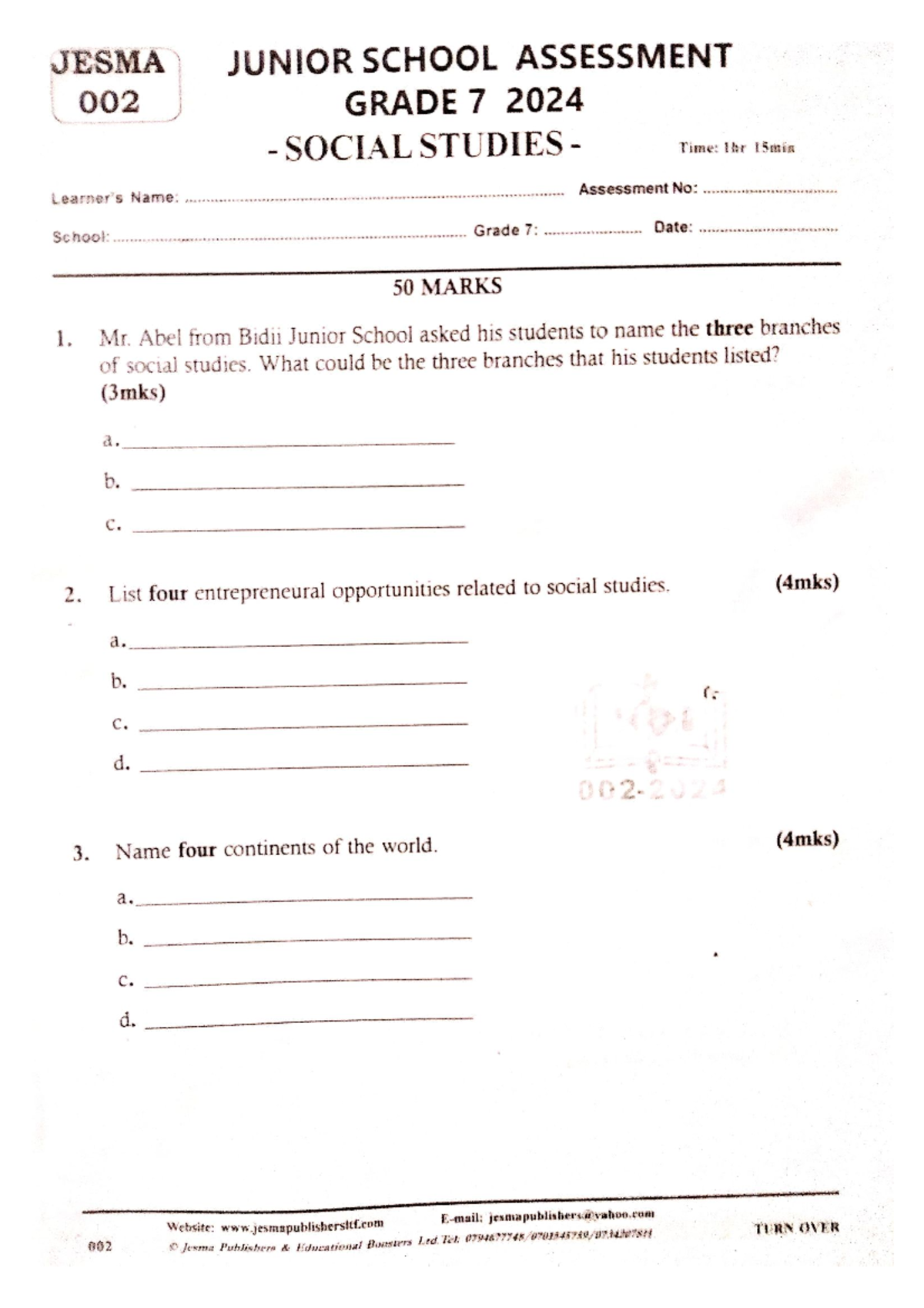Social Studies Jesma 002 2024 - Fasihi ya watoto - Studocu