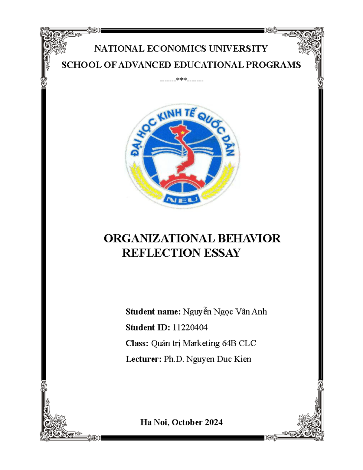 Reflection Essay - NATIONAL ECONOMICS UNIVERSITY SCHOOL OF ADVANCED ...