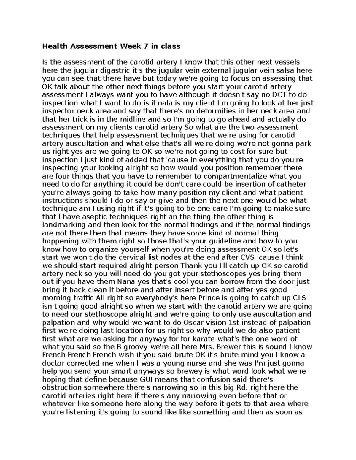 Practical Nursing Health Assessment IN CLASS NOTE - Health Assessment ...