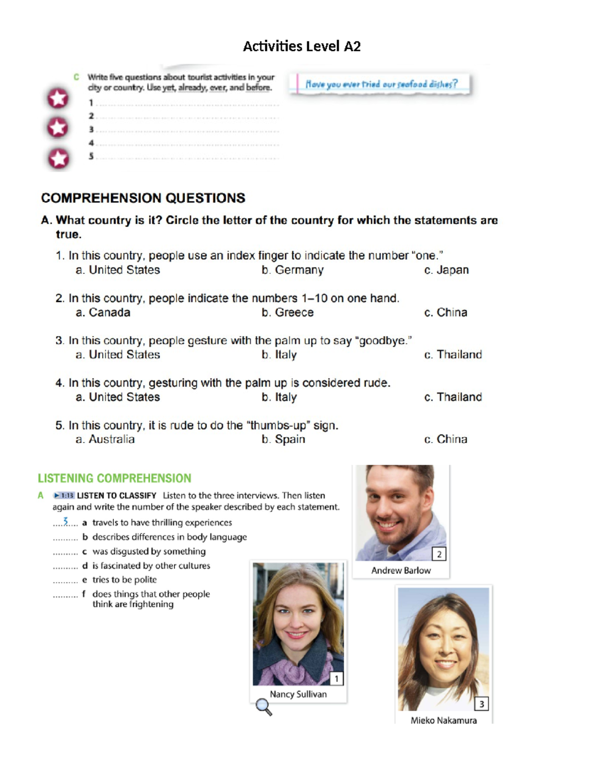 Activities level A2 - Lll - Activities Level A2 C Write five questions ...