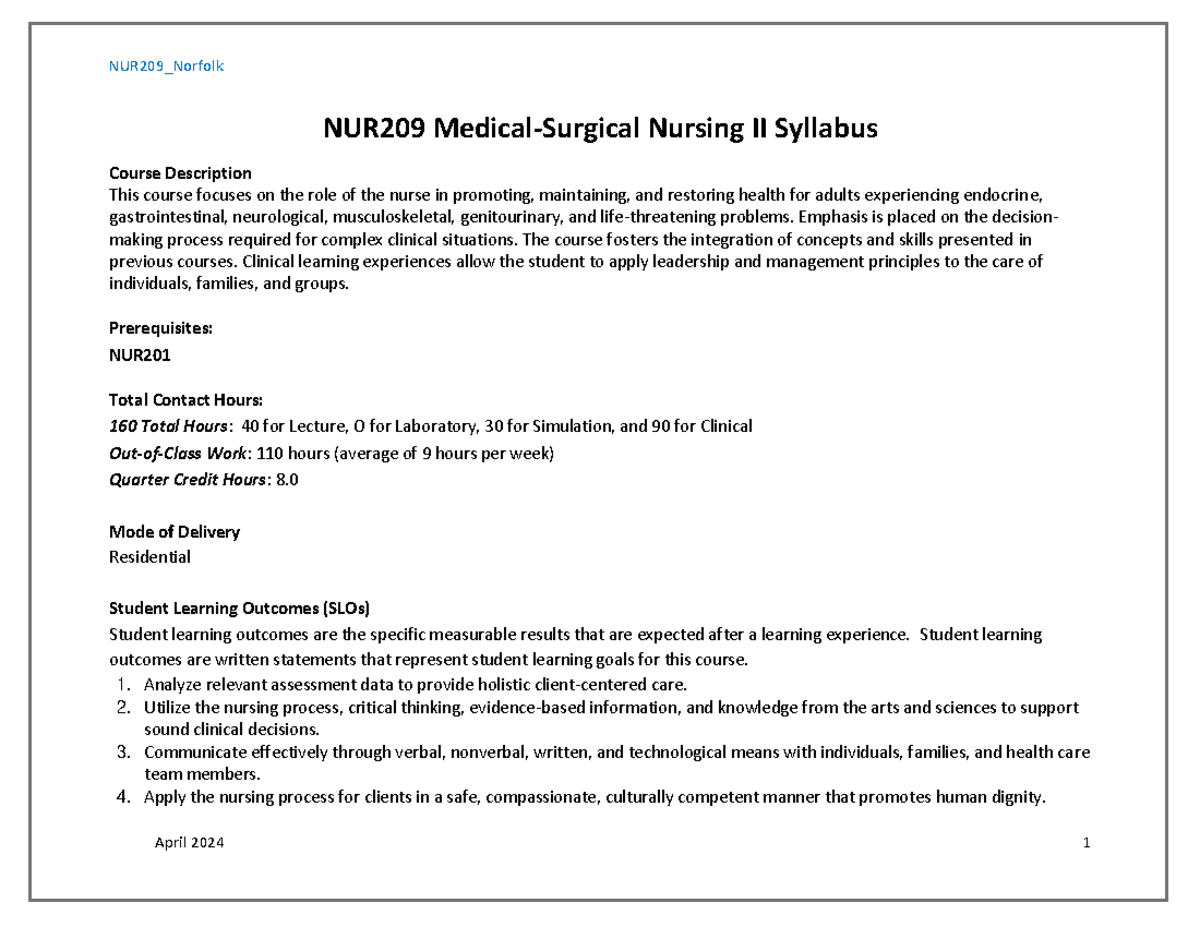 Apr 2024 NUR209 Norfolk - NUR209 Medical-Surgical Nursing II Syllabus ...