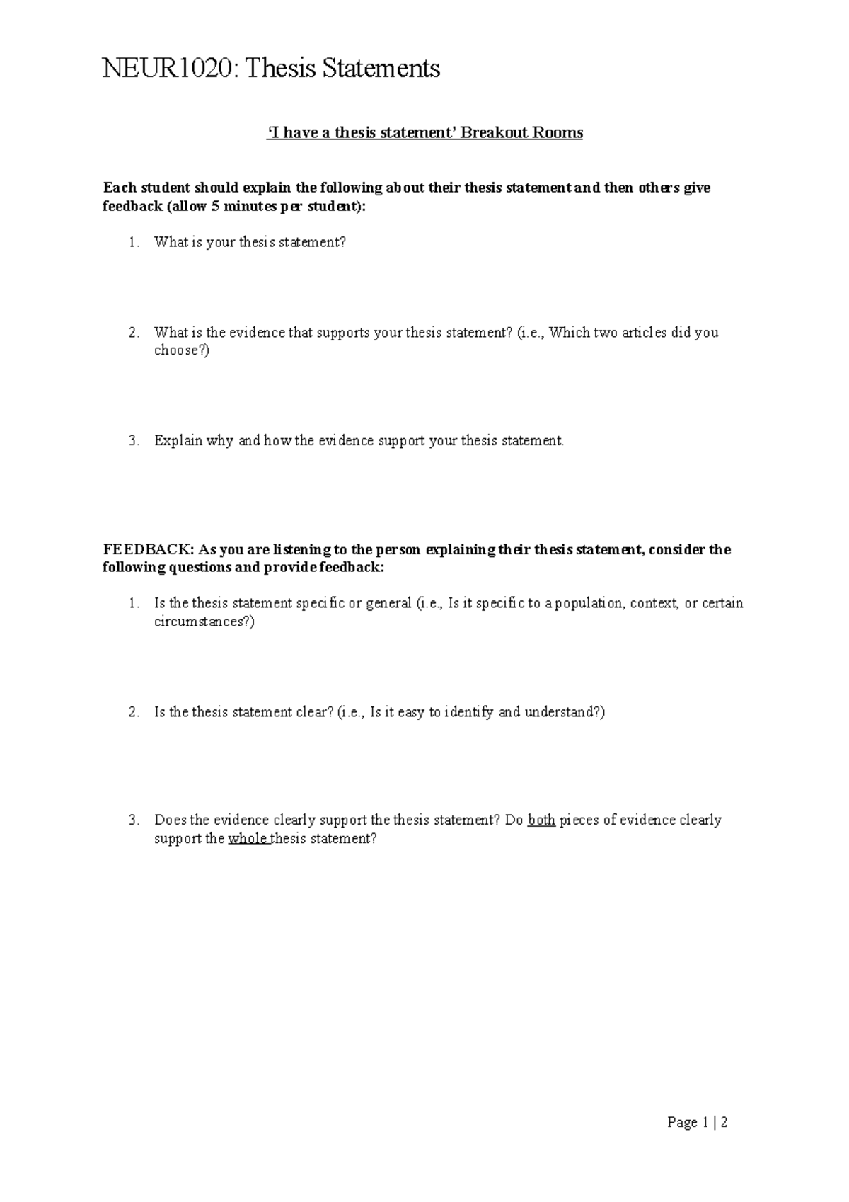 Worksheet Questions - Thesis Statement Workshop - NEUR1020: Thesis ...