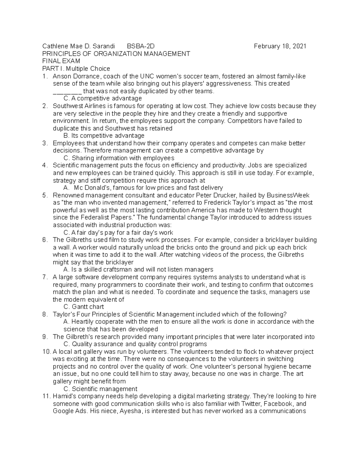 Cathlene-Mae - exam - Cathlene Mae D. Sarandi BSBA-2D February 18, 2021 ...