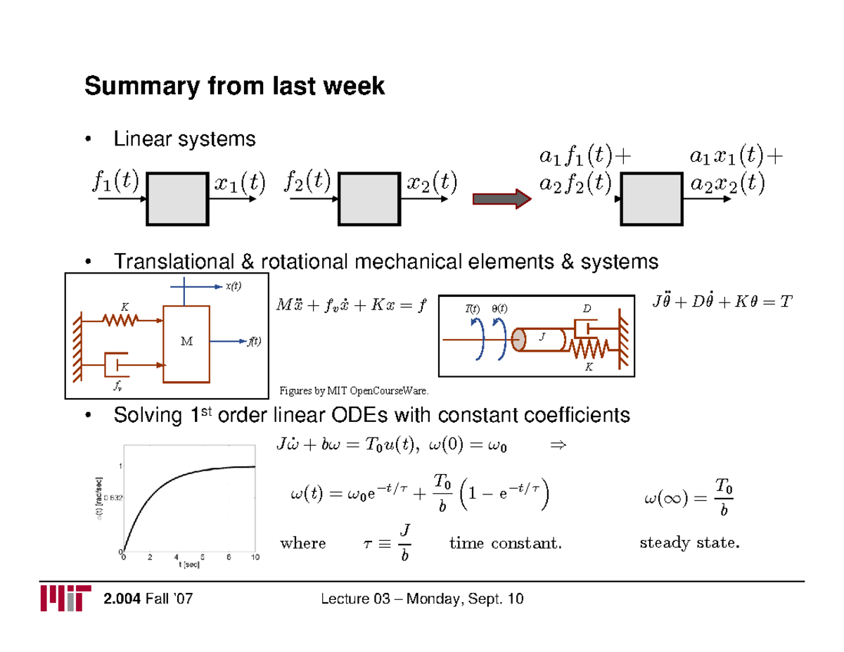 MECH-448 Lec 2 - MECH-448 Lec 2 - a 1 x 1 (t)+ Summary from last week Linear systems a 2 x 2 (t ...