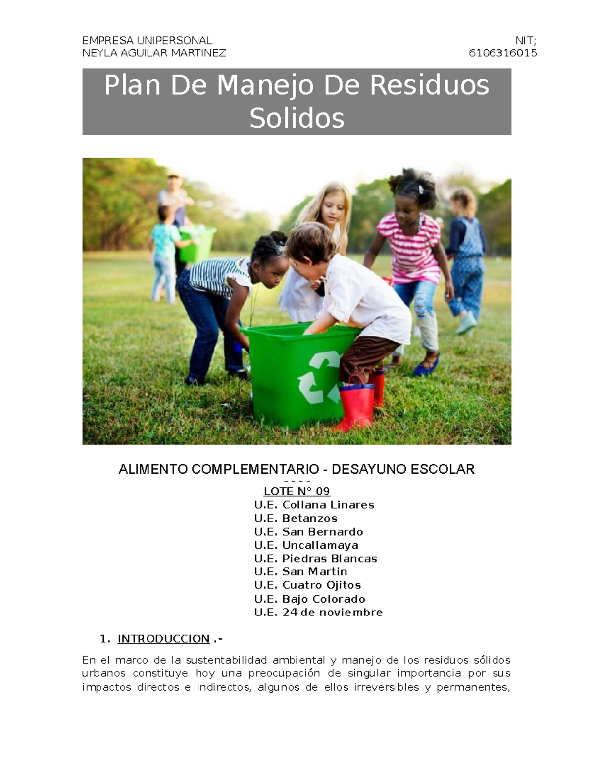 Plan de manejo de residuos solidos - Emilsen - NEYLA AGUILAR MARTINEZ 6106316015 Plan De Manejo ...
