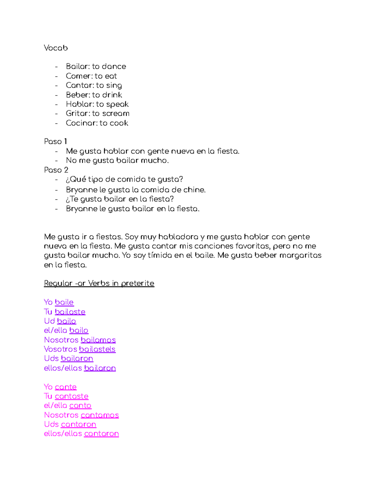 Me Gusta y vocab - Vocab Bailar: to dance Comer: to eat Cantar: to sing ...