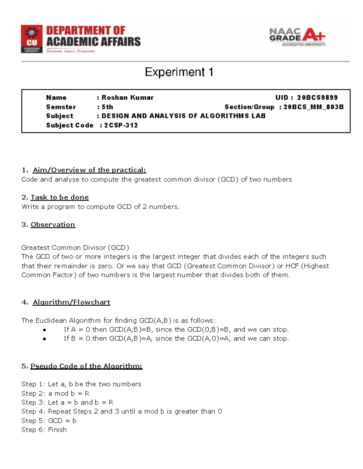 Exp.1 DAA - daa - Experiment 1 Name : Roshan Kumar UID : 20BCS Semster ...