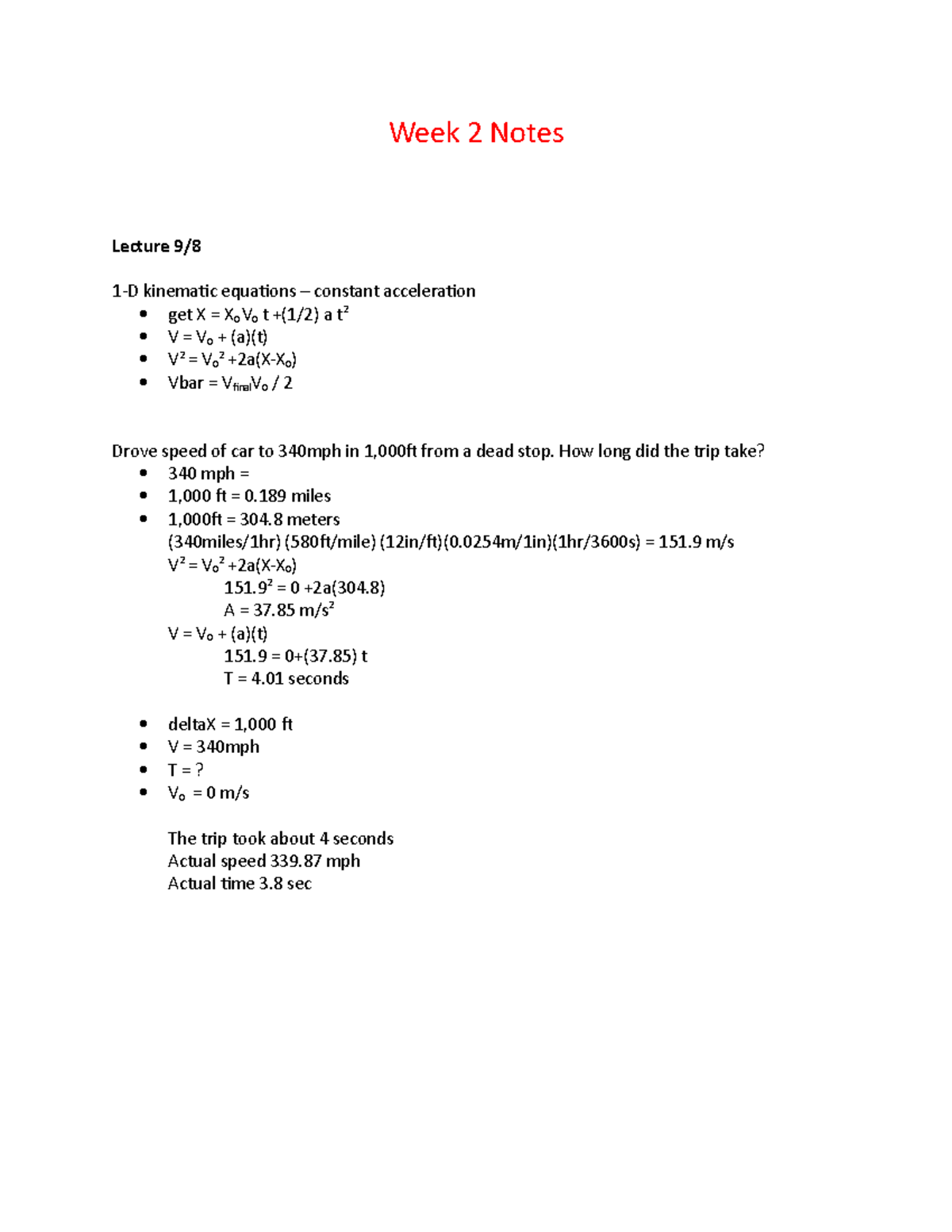 Week 2 Notes Kinematic Eq Free Falling Objects Week 2 Notes