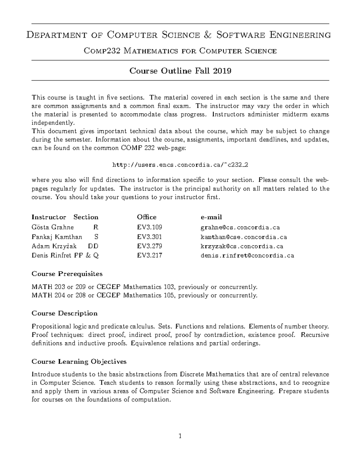 Outline 232-2019 F - Department of Computer Science & Software Engineering Comp232 Mathematics ...