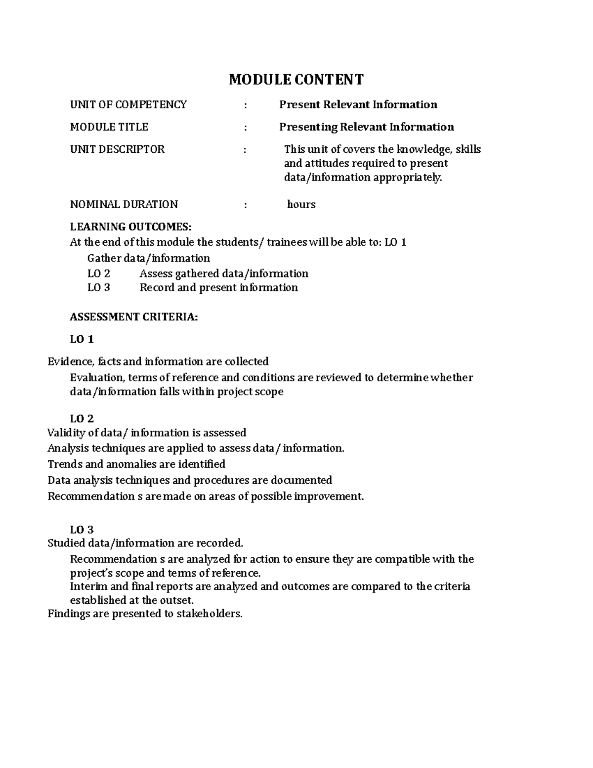06 Present relevant information - MODULE CONTENT UNIT OF COMPETENCY : Present Relevant ...