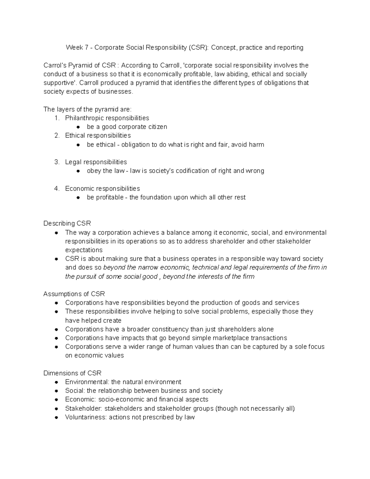 Week 7 - Corporate Social Responsibility (CSR) - Carroll produced a ...