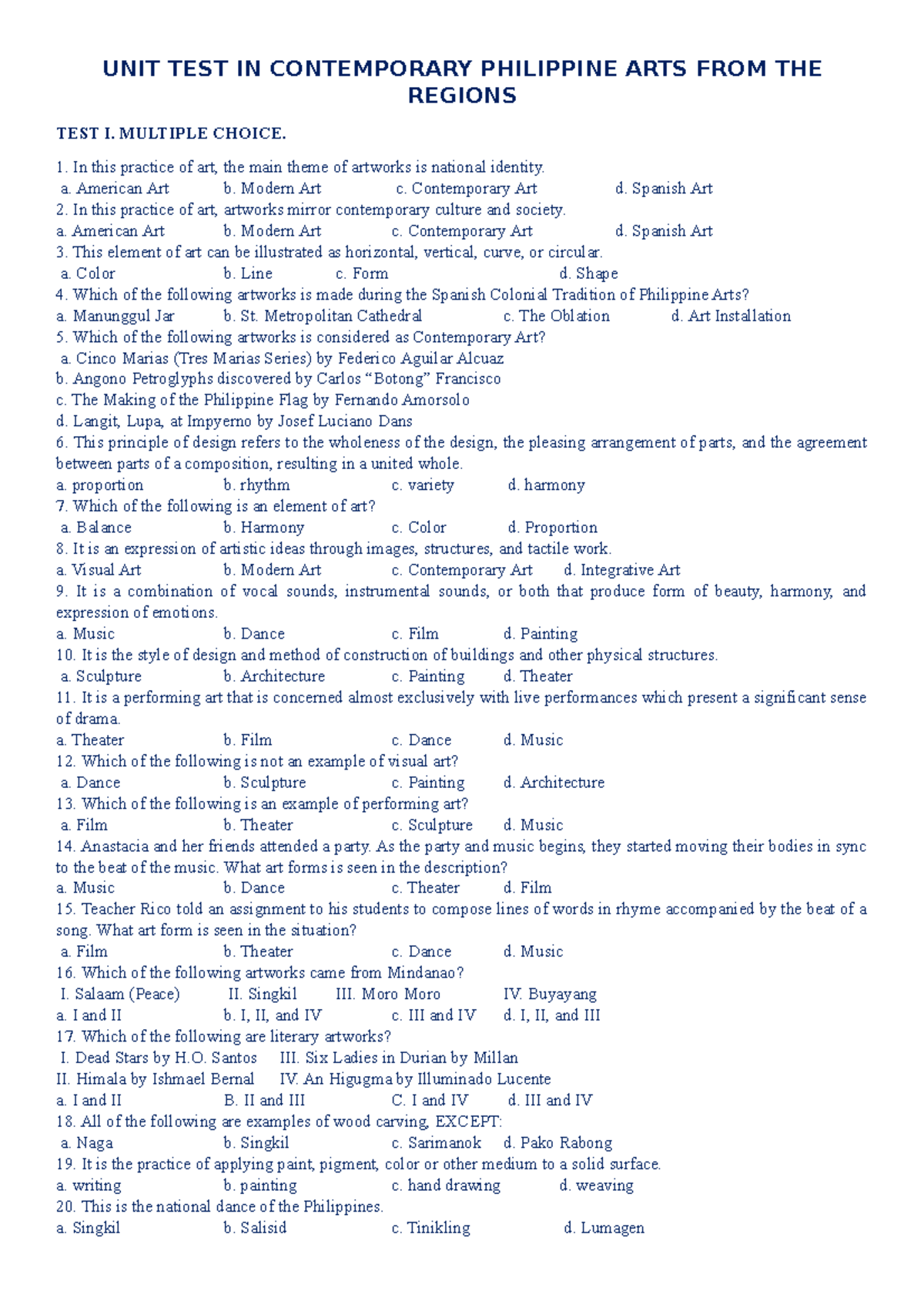 CPAR UNIT TEST - A test where students will be able to answer the ...