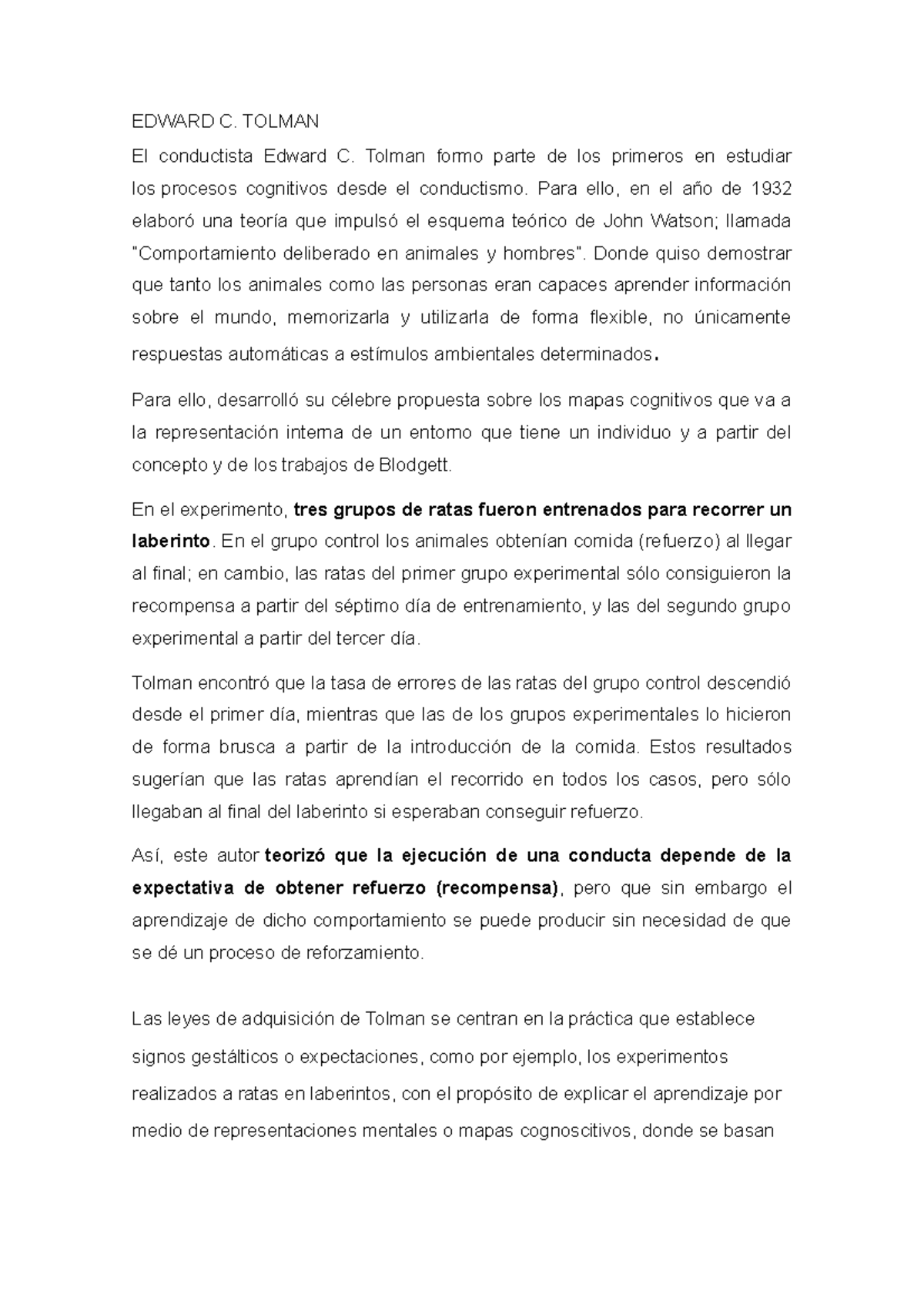 Teoria de la personalidad - EDWARD C. TOLMAN El conductista Edward C ...