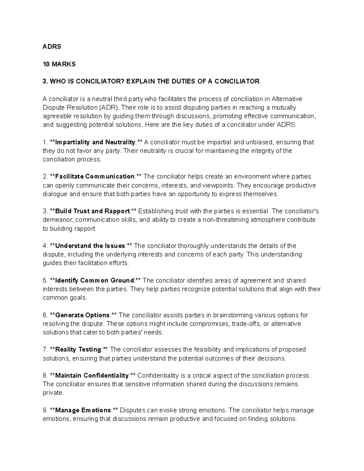 3. 10 Marks - Good - ADRS 10 MARKS 3. WHO IS CONCILIATOR? EXPLAIN THE ...