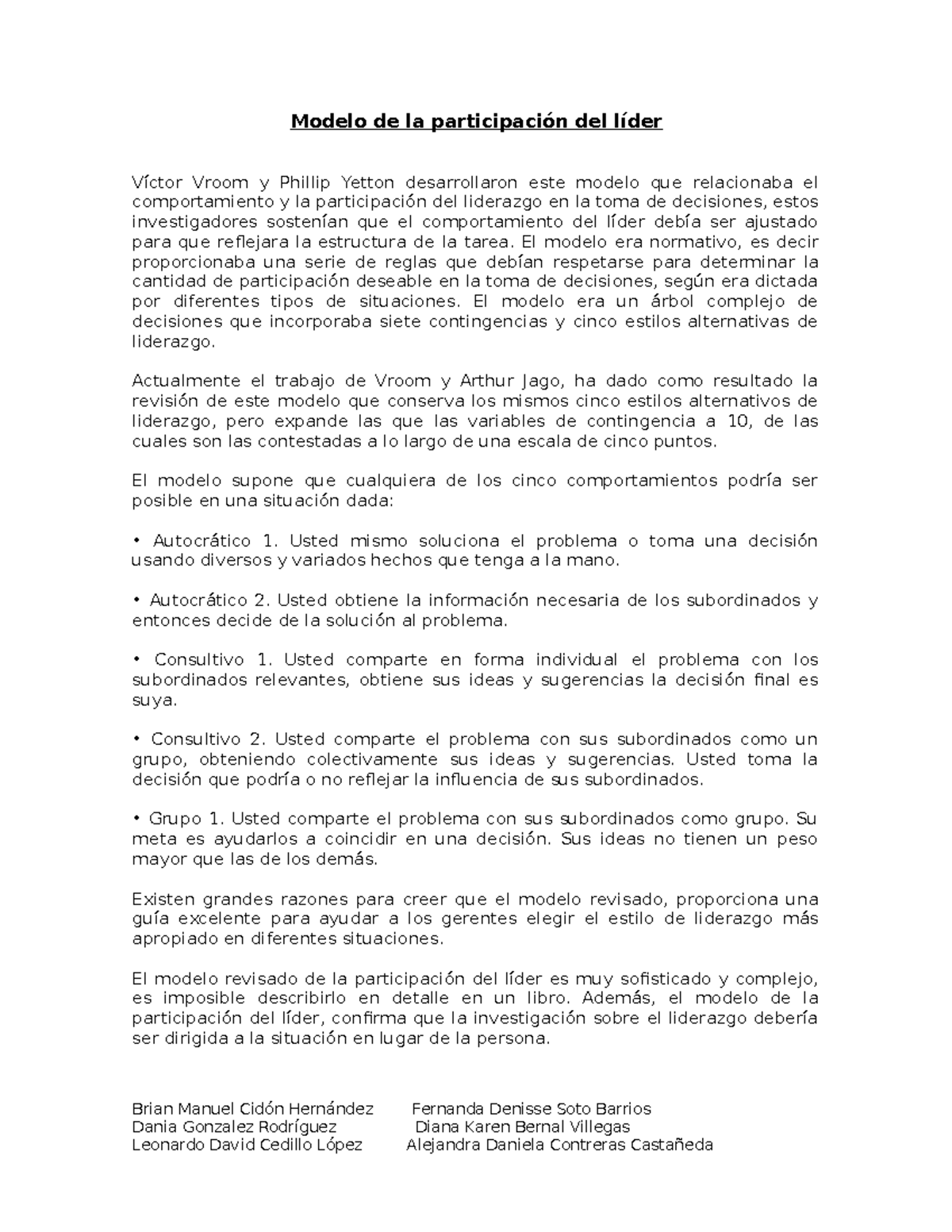 Liderazgo - Modelo de la participación del líder Víctor Vroom y Phillip ...
