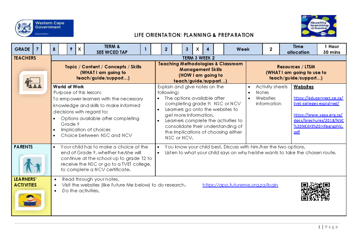Lesson Plan Gr. 9 Life Orientation T3 W2 - LIFE ORIENTATION: PLANNING ...