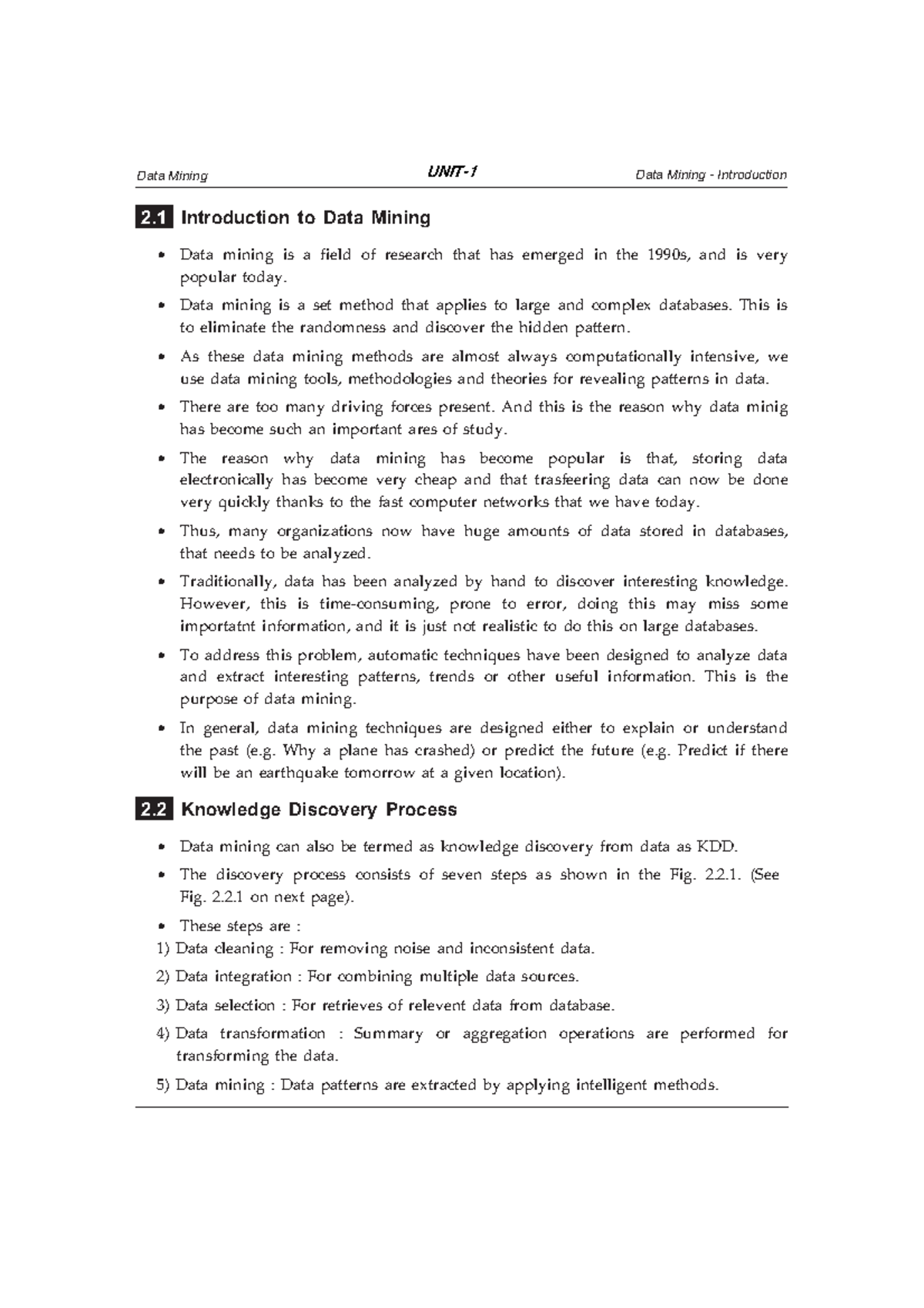 DM UNIT-1 - ok read and learn - 2 Introduction to Data Mining · Data mining is a field of ...