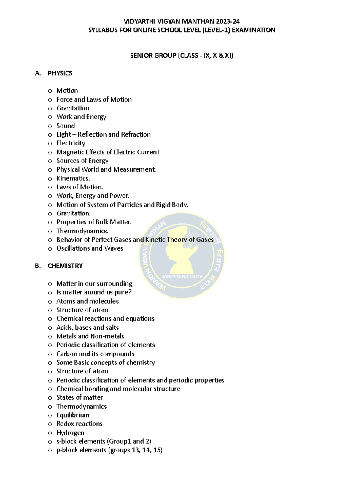Final VVM 2023 24 Syllabus Senior Group - VIDYARTHI VIGYAN MANTHAN 2023 ...