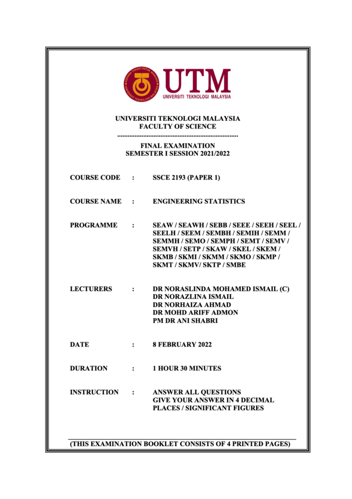 Final Exam SSCE2193 202120221 Paper 1 - SSCE 2193 QUESTION 1 (10 MARKS ...